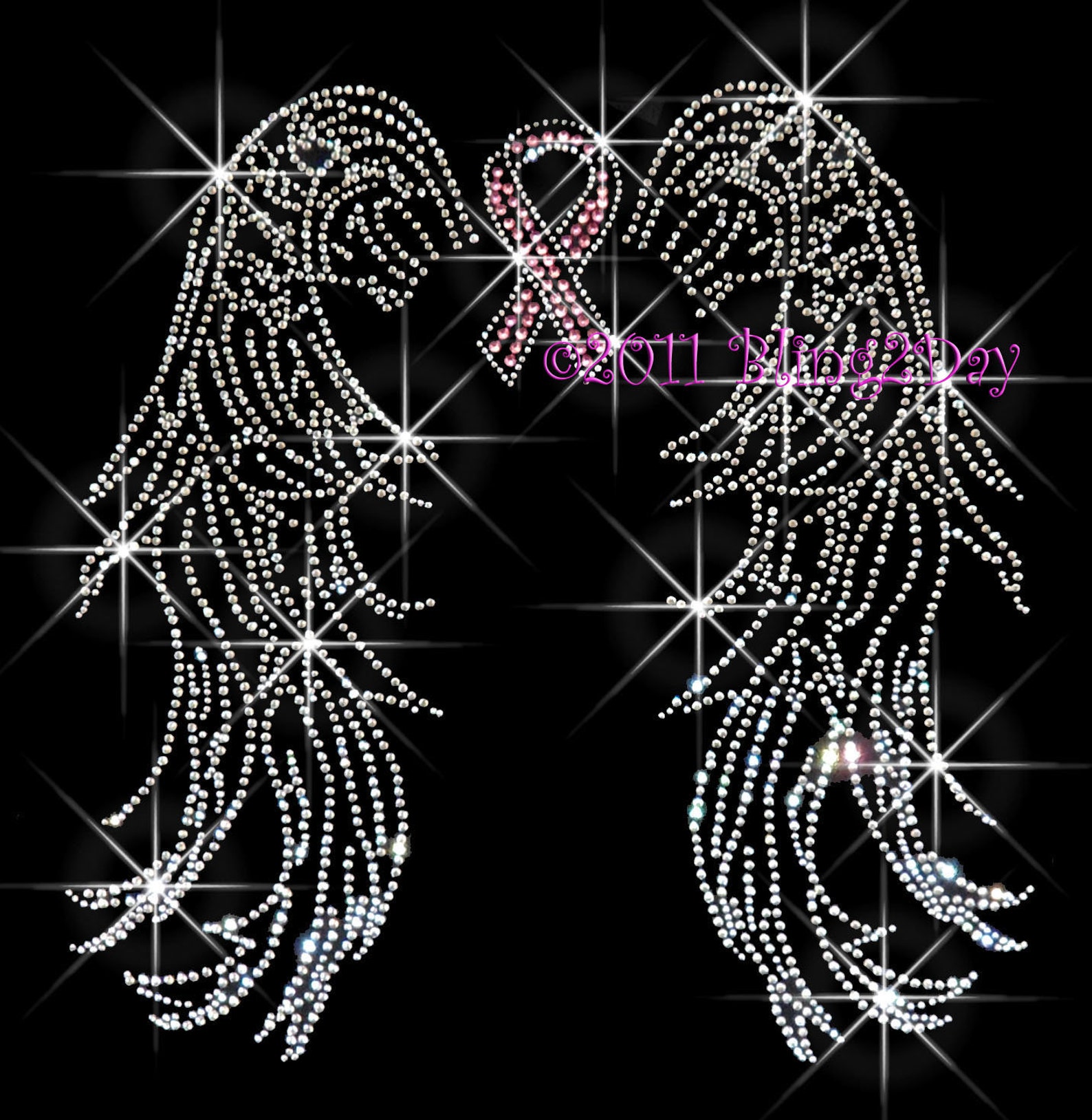 Angel Wings - Pink Breast Cancer Ribbon - Iron on Rhinestone Transfer ...