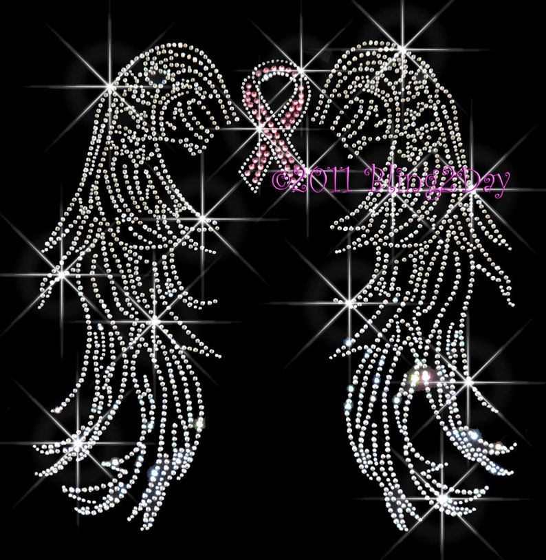 Angel Wings - Pink Breast Cancer Ribbon - Iron on Rhinestone Transfer ...