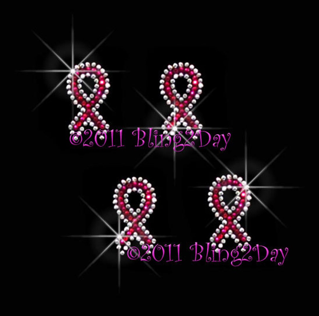 Set of 4 - Mini Pink Breast Cancer Ribbon - Iron on Rhinestone Transfer ...
