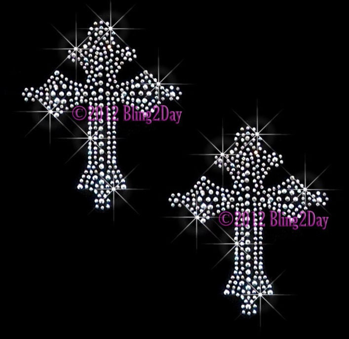Set of 2 - (M) Clear Cross - Iron on Cross Rhinestone Transfer Bling ...