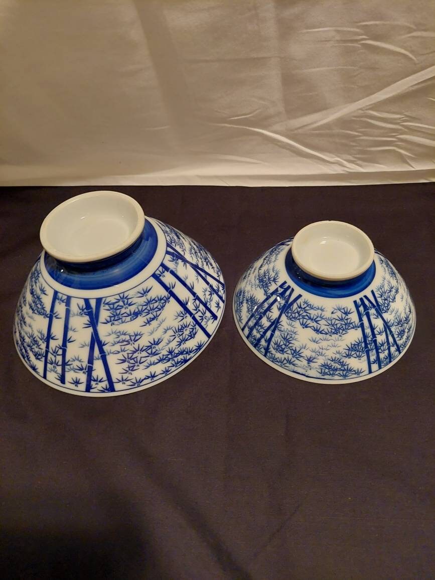 Set of 2 Mid-century Blue & White Rice Bowls With Bamboo Pattern. - Etsy