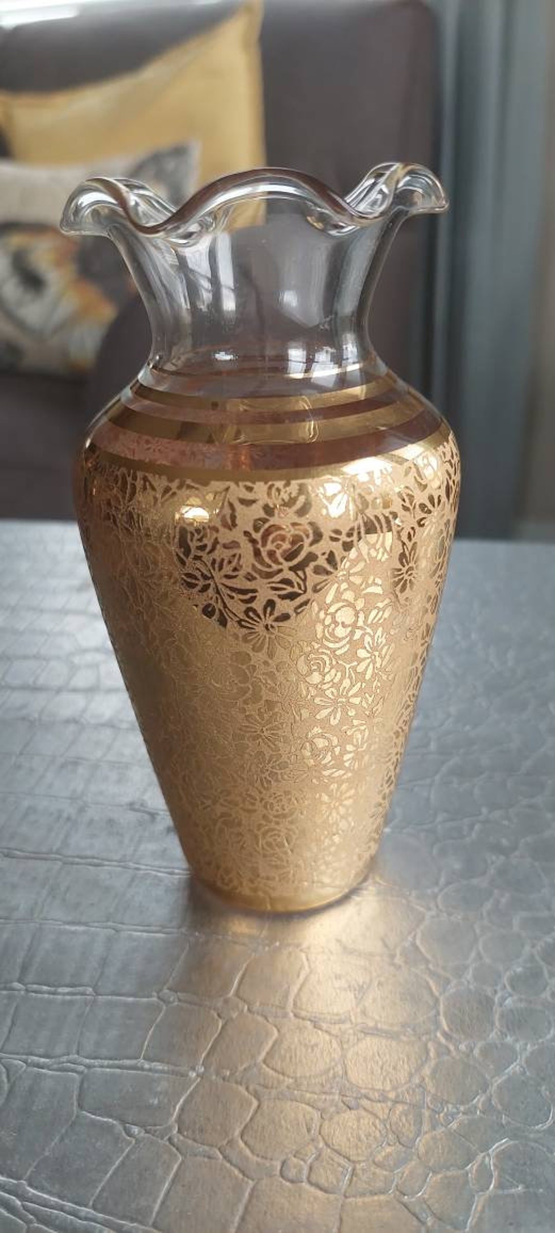 Vtg Ransgil Crystal Gold Floral Design Glass Vase .(Y) - Etsy