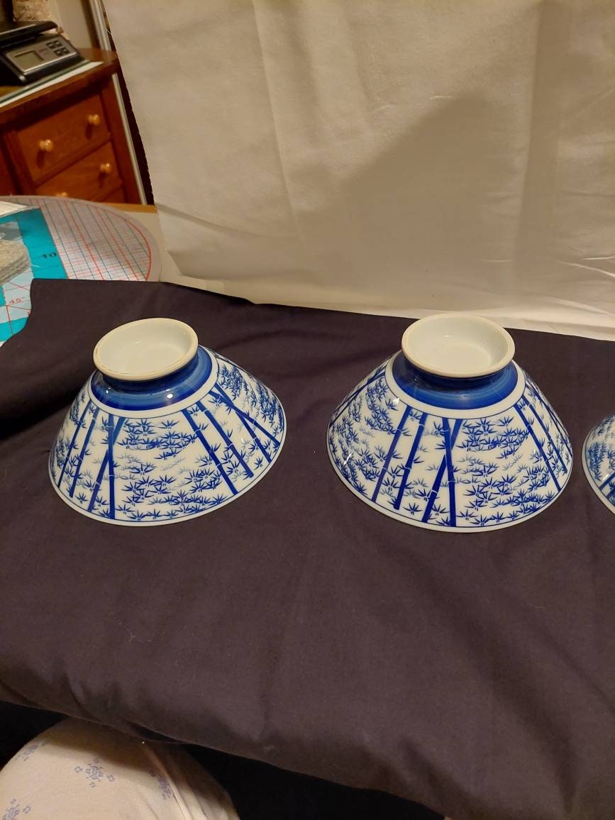 Set of 2 Mid-century Blue & White Rice Bowls With Bamboo Pattern. - Etsy