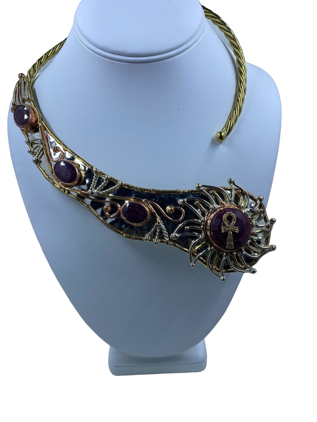 Egyptian Kemetic Jewelry Ankh Choker W/ 3 Ruby Agate Gemstones With ...