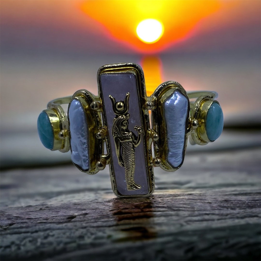 Ancient Egyptian Goddess Isis Charm on a Rose Quartz Stone Cuff ...