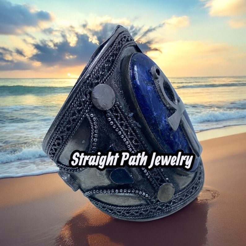 Lapis Lazuli Cuff Bracelet: Ankh Charm, Egyptian Jewelry - Etsy