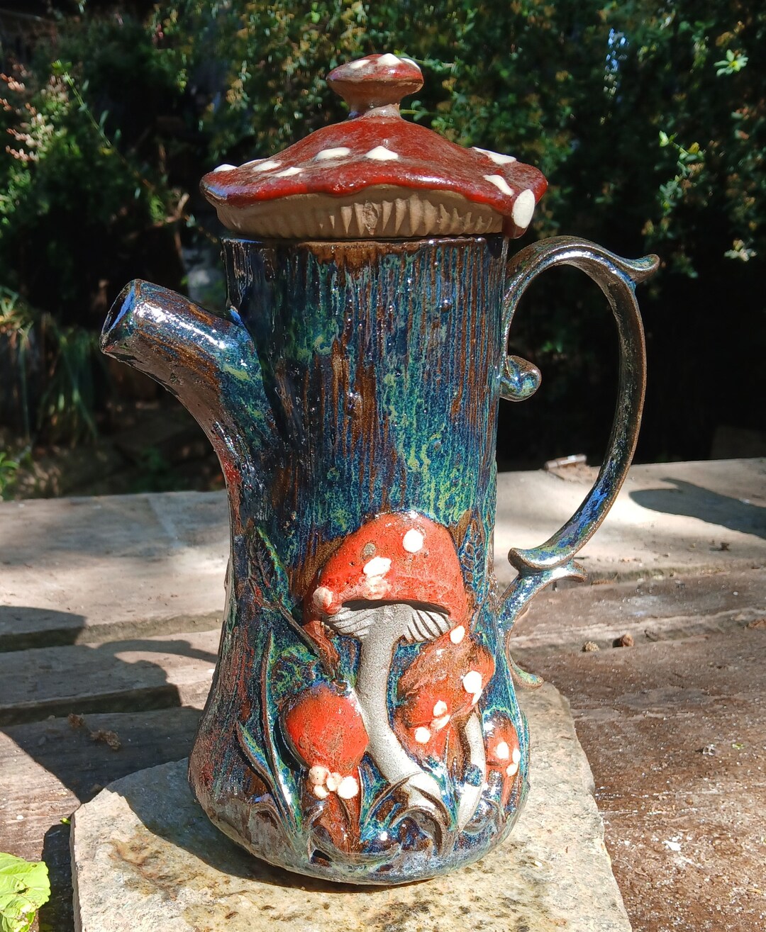 Teapot TALL Ceramic Tea Pot. Mushrooms Design. Hand-dug Black Local ...