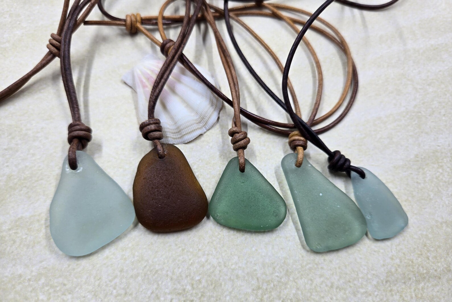 Sea Glass Necklace, Leather Adjustable Sea Glass Pendant, Unisex Beach ...