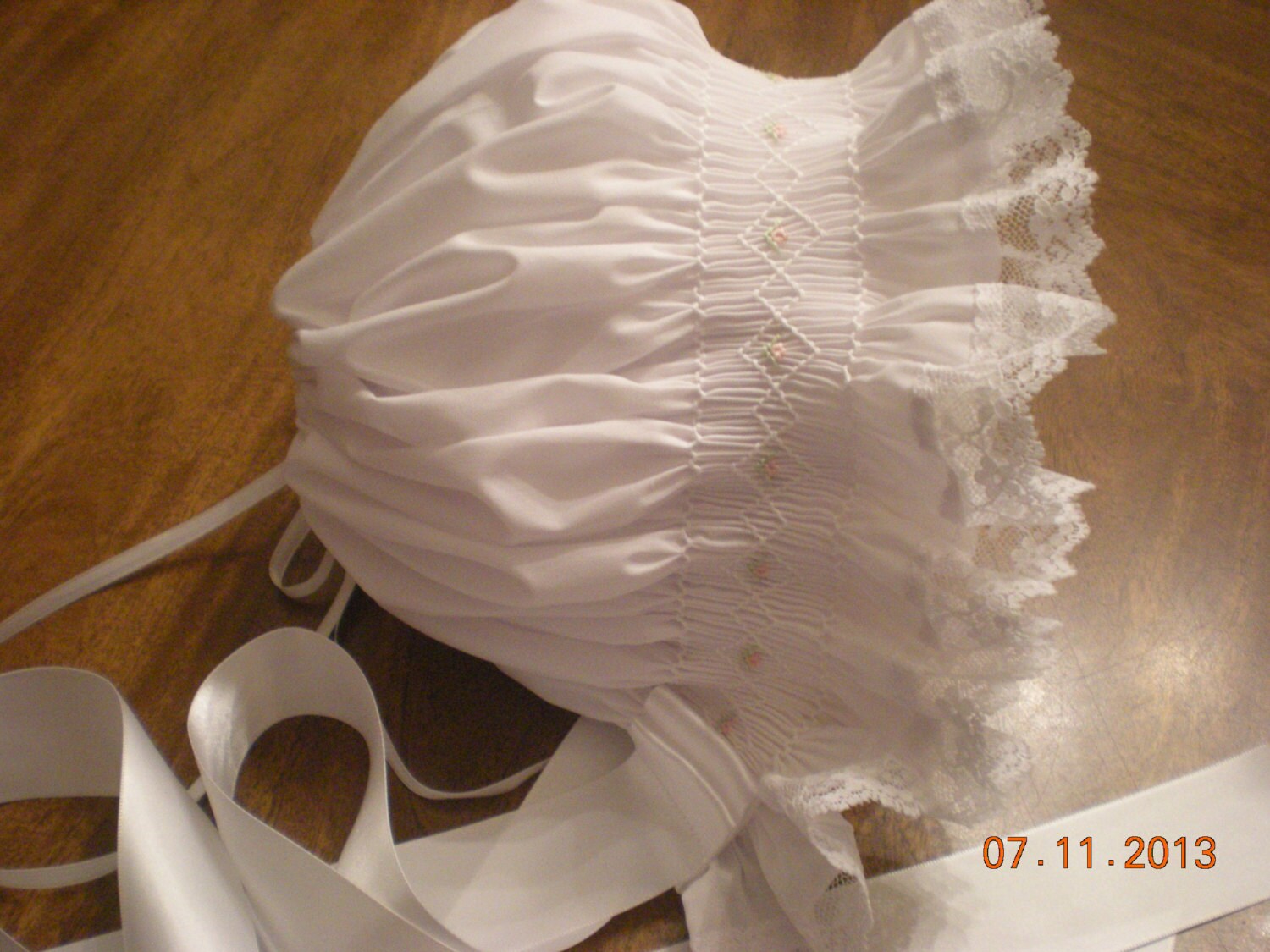 Smocked bonnet white with pink flowers lace edging. Made to | Etsy