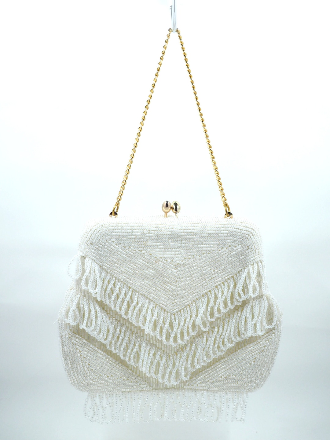 Vtg Japan IVORY White Hand Beaded/unique Loop FRINGE Clutch Purse ...