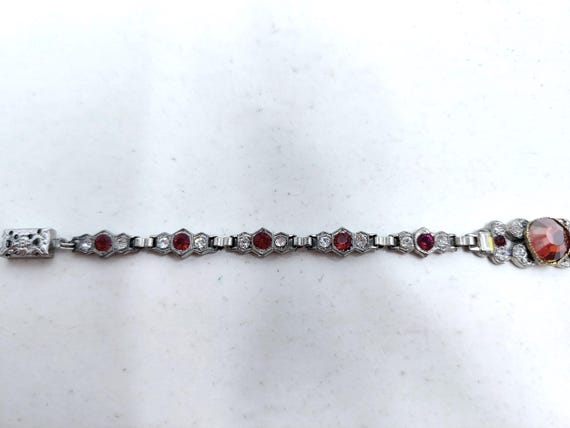 Antique 1940s Art Deco Ruby Red Rhinestone Link Brace… - Gem