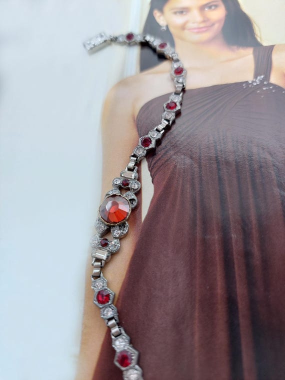Antique 1940s Art Deco Ruby Red Rhinestone Link Brace… - Gem
