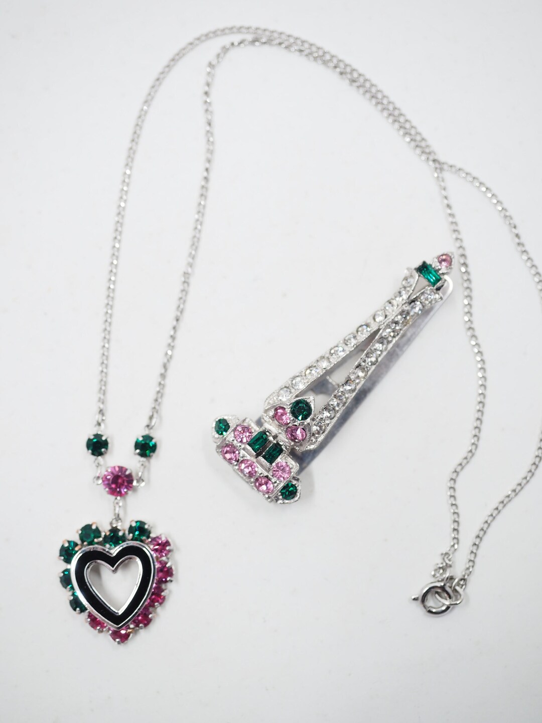 Vintage Art Deco Sterling Silver Rhinestone Heart Necklace & Barrette ...
