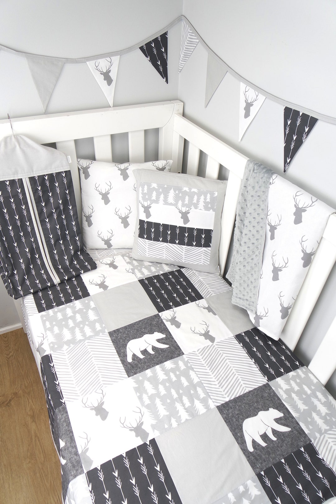 Patchwork Cot Quilt in Grey Woodland // Nursery Set // Woodland Nursery ...