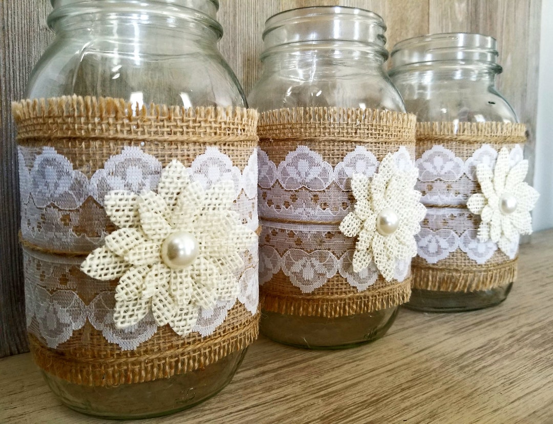 Mason Jar Vases Burlap Wrapped Jars Wedding Centerpiece - Etsy