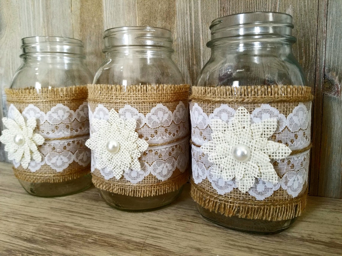 Mason Jar Vases Burlap Wrapped Jars Wedding Centerpiece - Etsy
