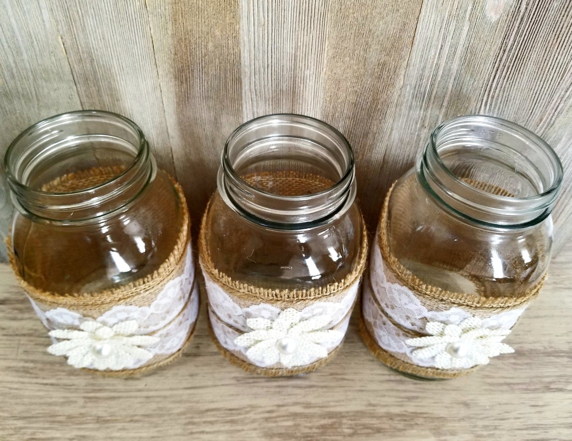 Mason Jar Vases Burlap Wrapped Jars Wedding Centerpiece - Etsy
