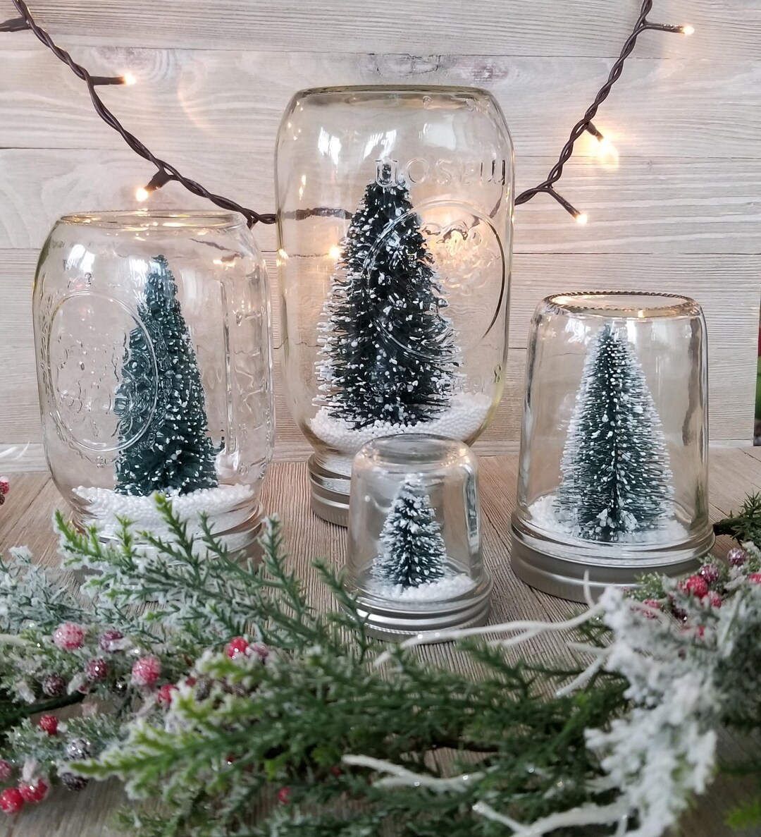 4 Mason Jars, Dry Snow Globe Jars With Artificial Tree and Snow, Great ...