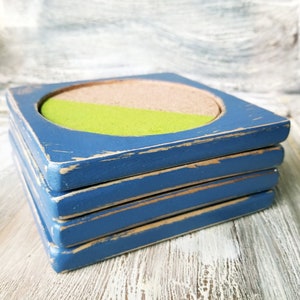 Coasters, Set of 4 Large Wood and Cork Coasters Painted Blue ...