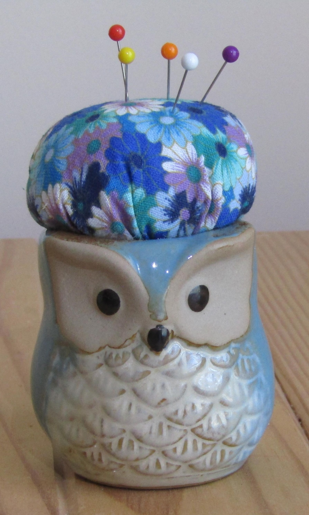 Cute Blue Ceramic Owl With Blue Fabric Pincushion Plus Dressmaking Pins ...