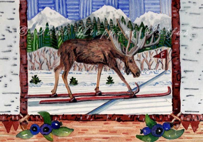 Cross Country Skiing Moose, Reproduction of Original Watercolor ...