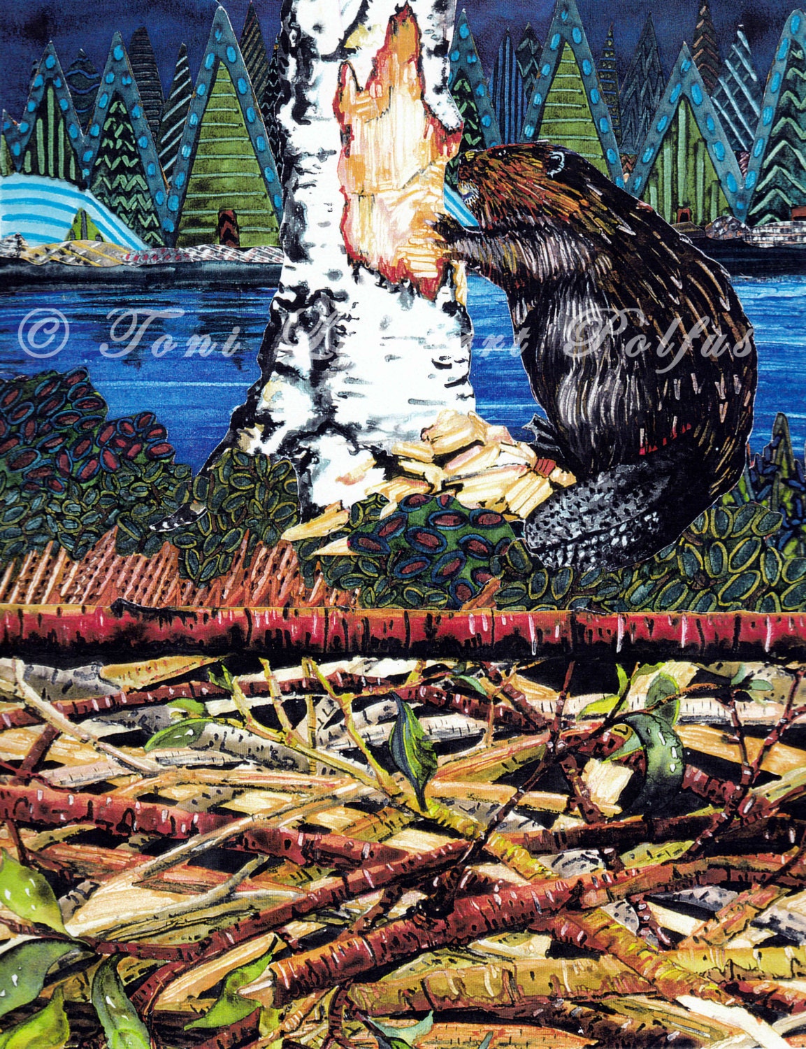 Northwoods Beaver Painting, Matted Print of Original Watercolor Collage ...
