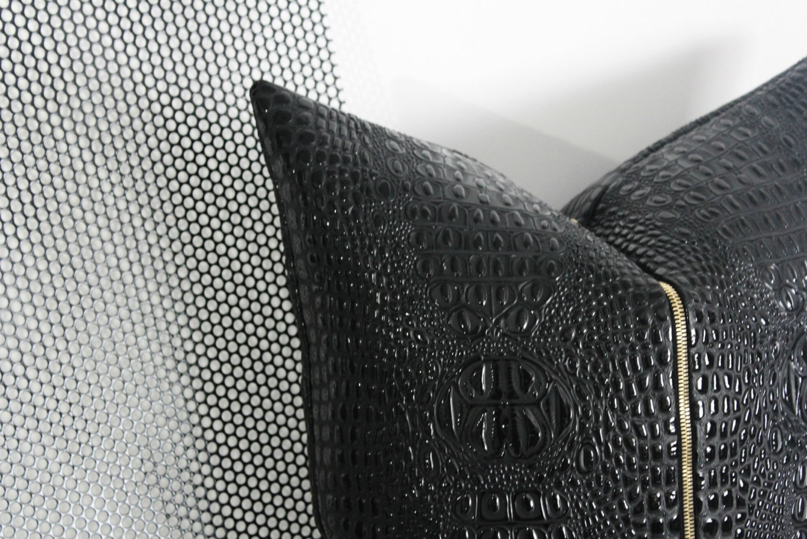 Faux Crocodile Pillow in Black, Black & Gold Throw Pillow, Croc Print ...