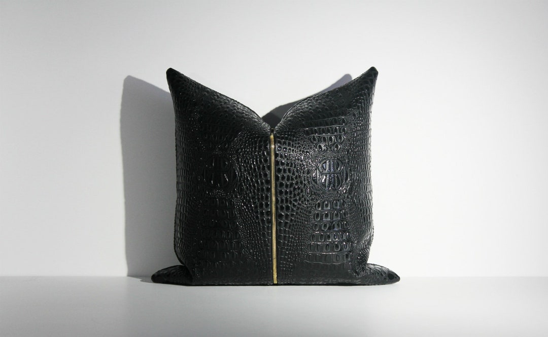 Faux Crocodile Pillow in Black, Black & Gold Throw Pillow, Croc Print ...