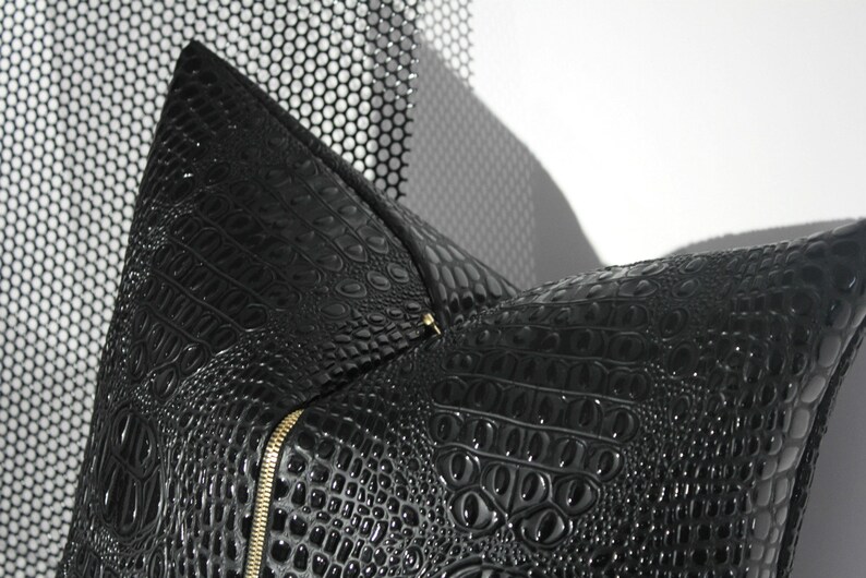 Faux Crocodile Pillow in Black, Black & Gold Throw Pillow, Croc Print ...