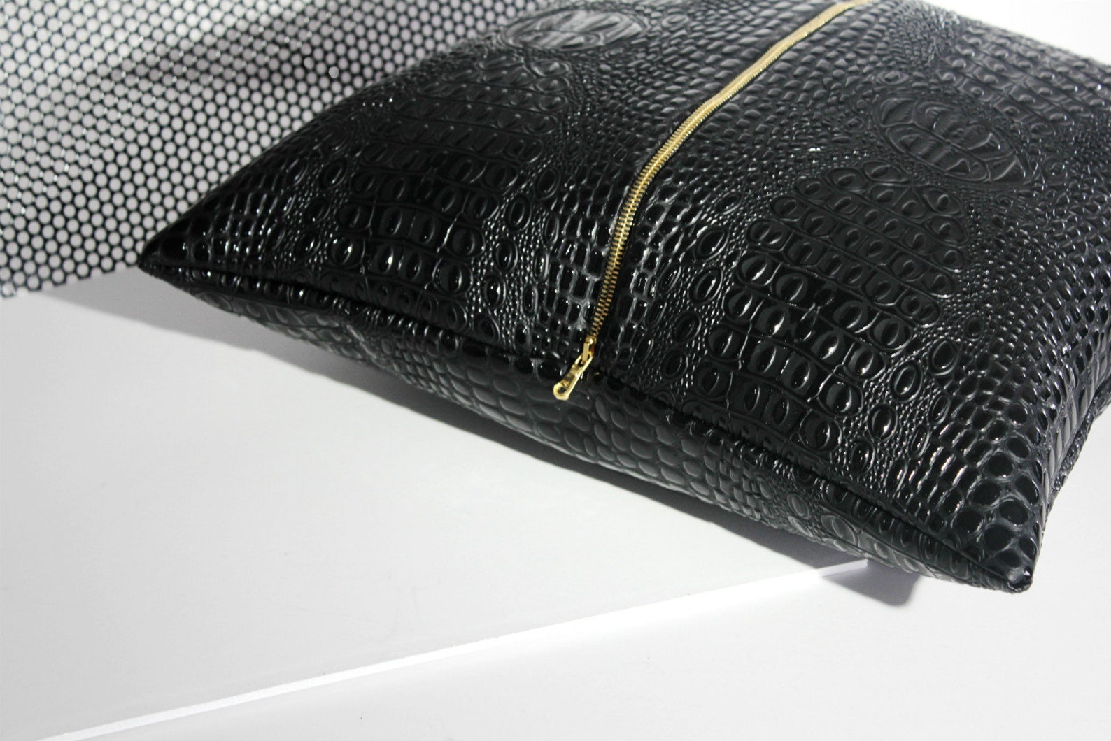 Faux Crocodile Pillow in Black, Black & Gold Throw Pillow, Croc Print ...