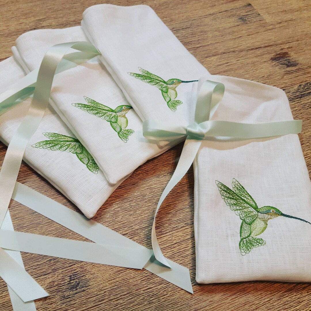 Linen Bag With Hummingbird Embroidery, Candy Bags, Gift Bags, Birthday ...