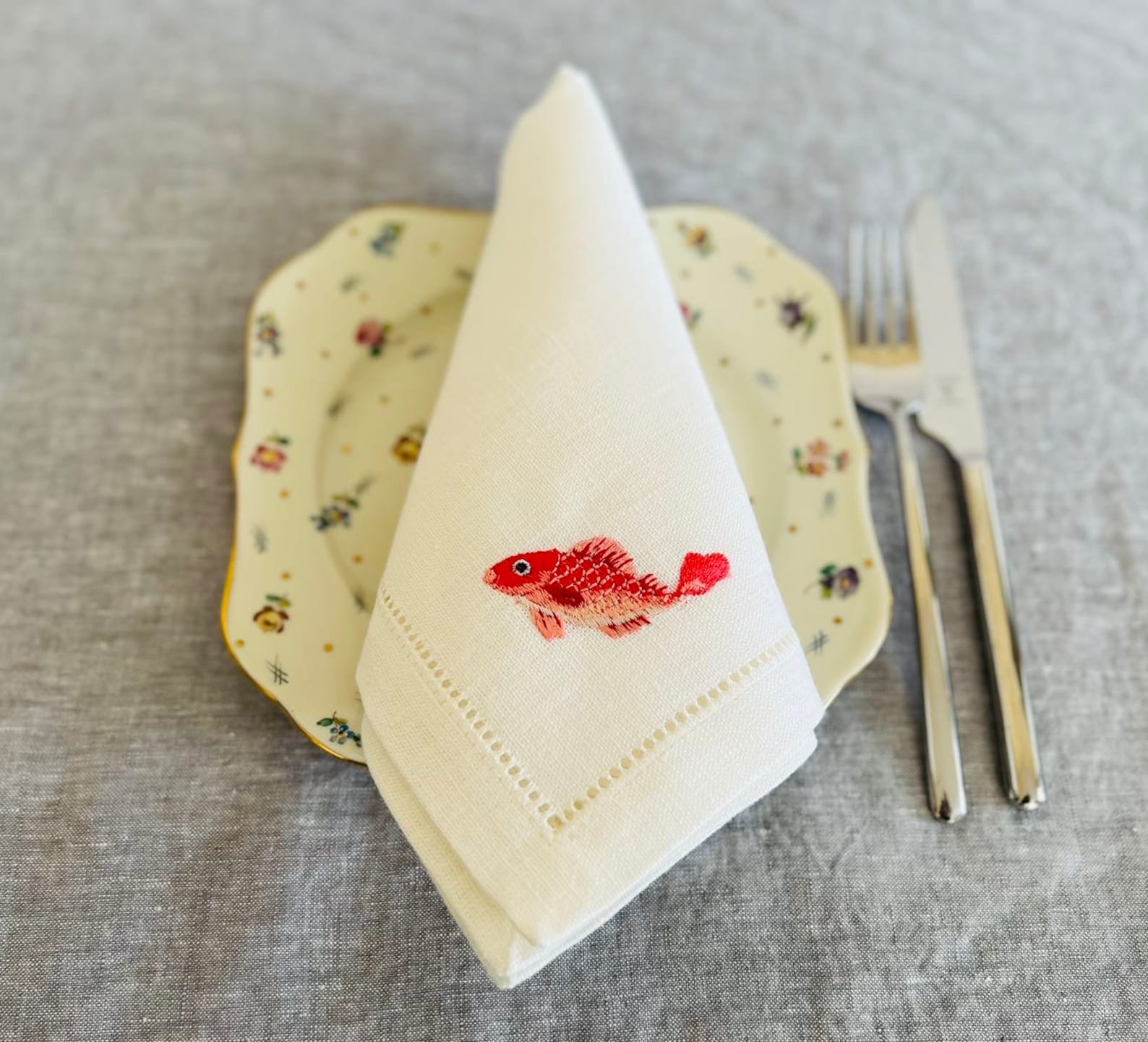 Linen Dinner Napkins With Fish Embroidery, Sea Life Napkin, White Linen ...