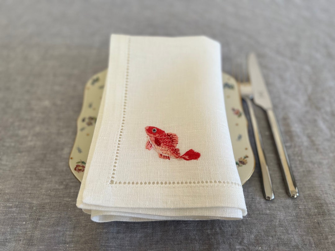 Linen Dinner Napkins With Fish Embroidery, Sea Life Napkin, White Linen ...