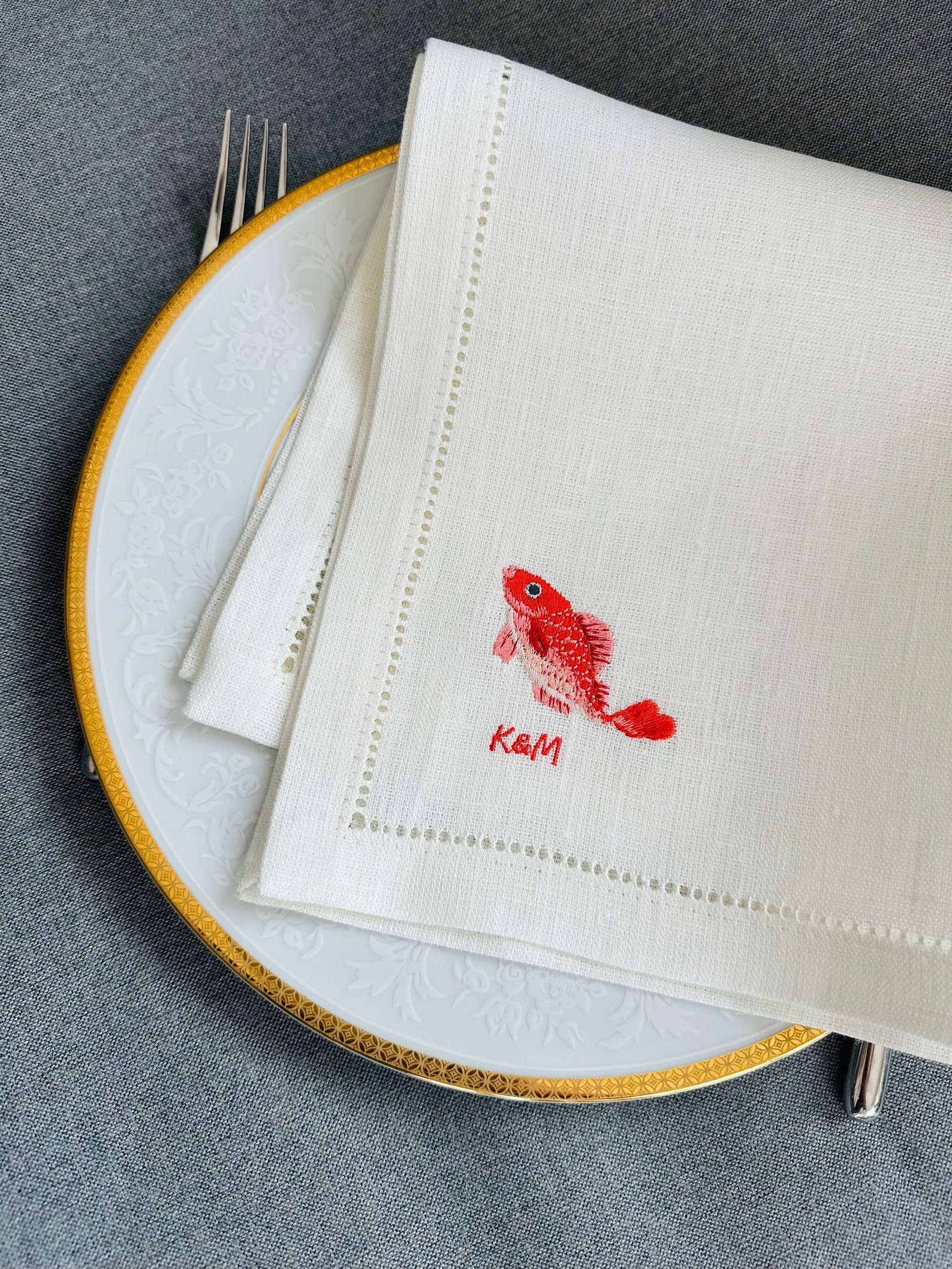 Linen Dinner Napkins With Fish Embroidery, Sea Life Napkin, White Linen ...