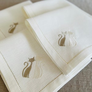 Linen Napkin With Two Cats Embroidery, White Napkins for Cat Lovers - Etsy