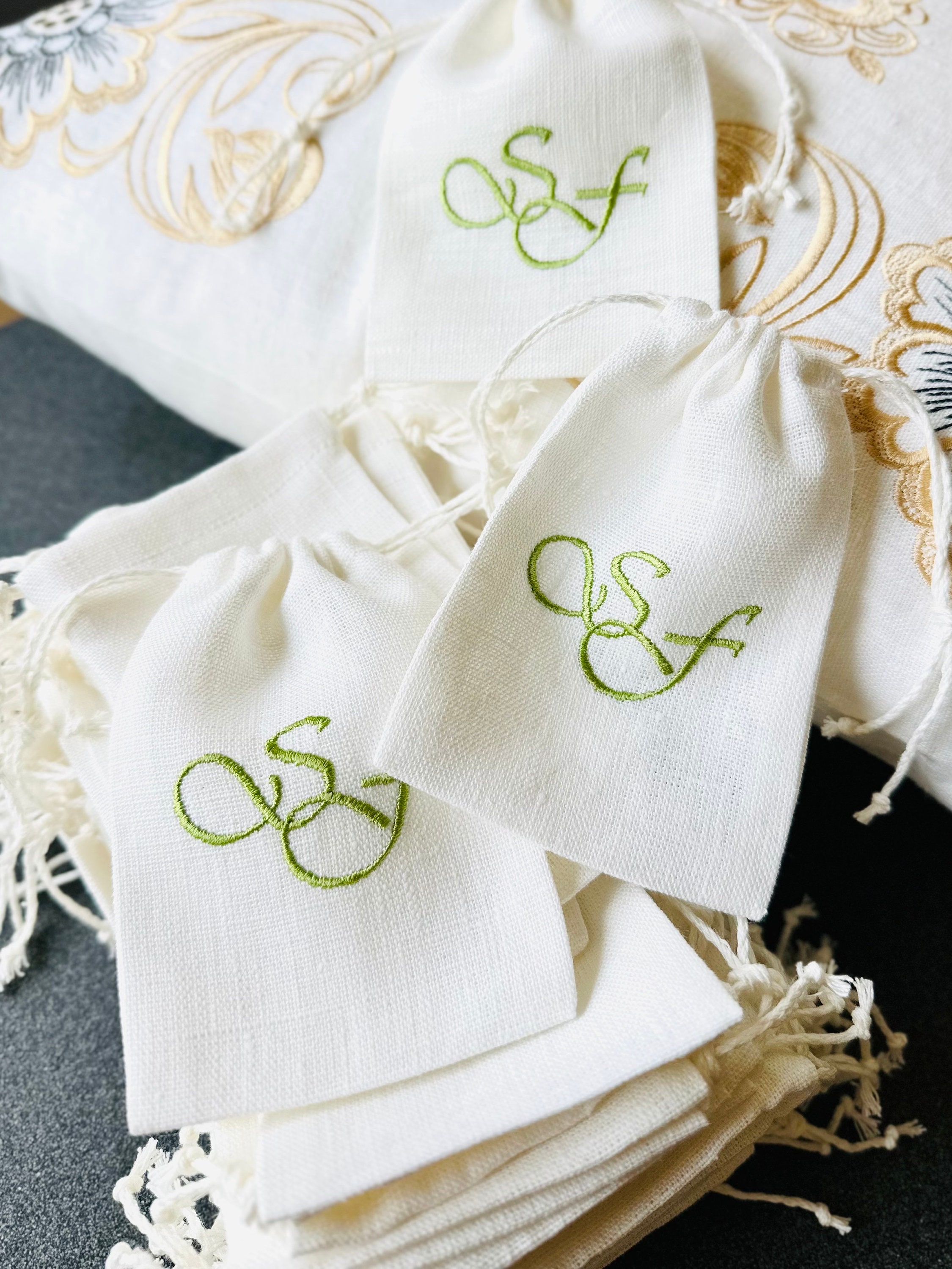 Personalized Linen Sachet Favor Bags • Machine Embroidered Initials or ...