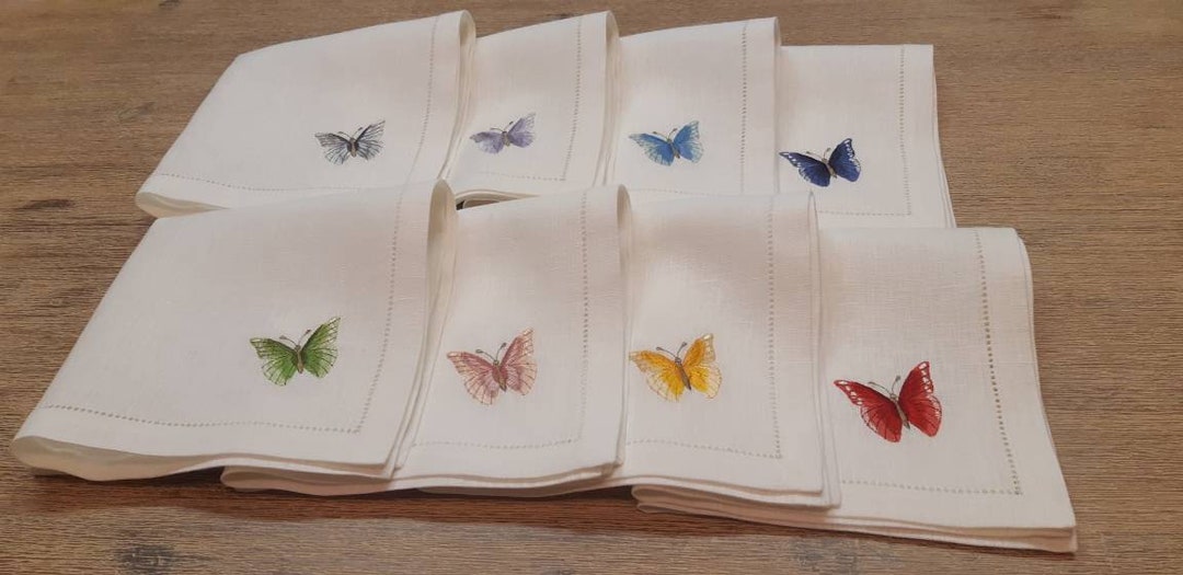 Linen Napkins With Butterfly Embroidery Set of 8, Embroidered Napkin ...