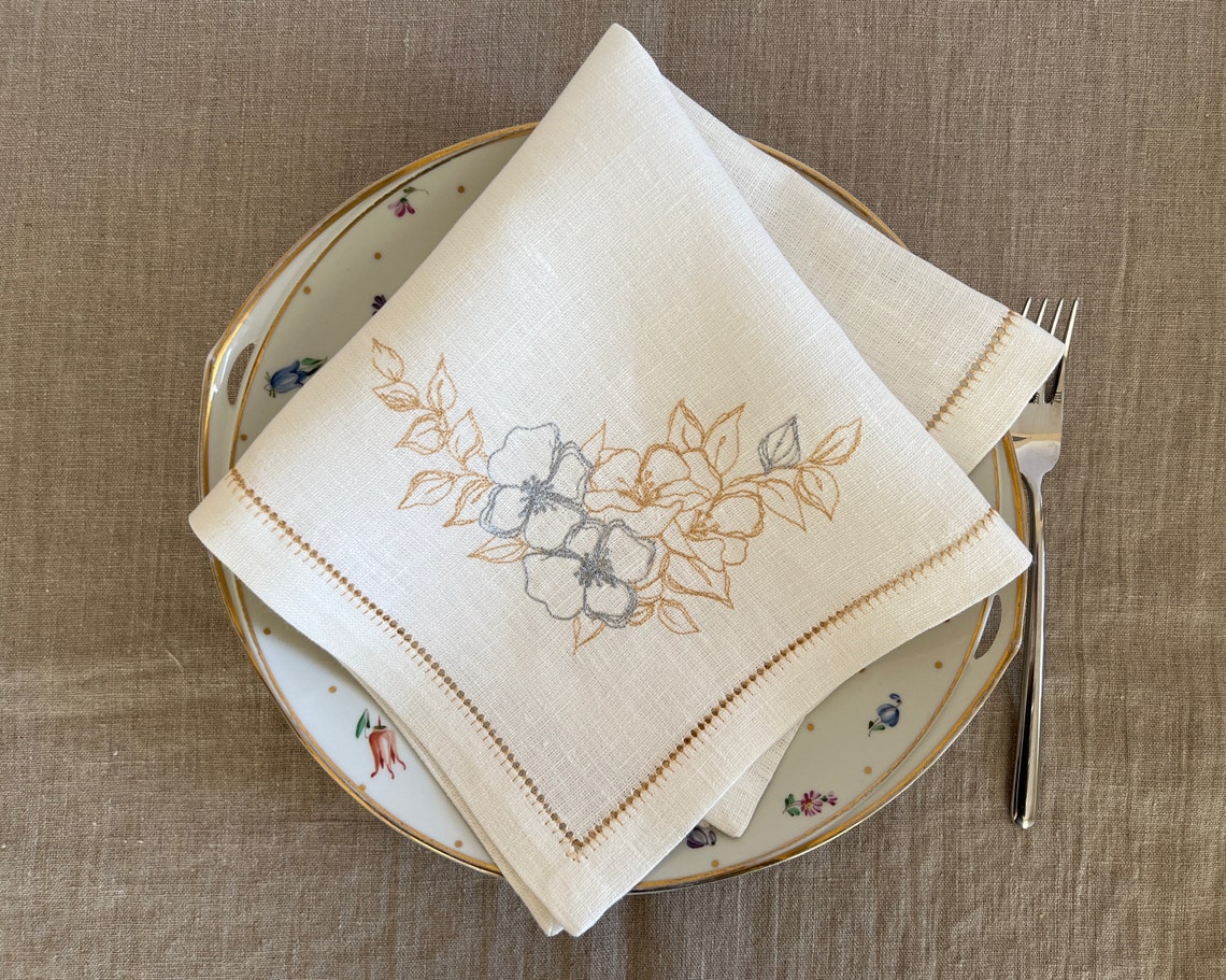 Linen Floral Embroidered Napkins Set White Linen Napkins - Etsy