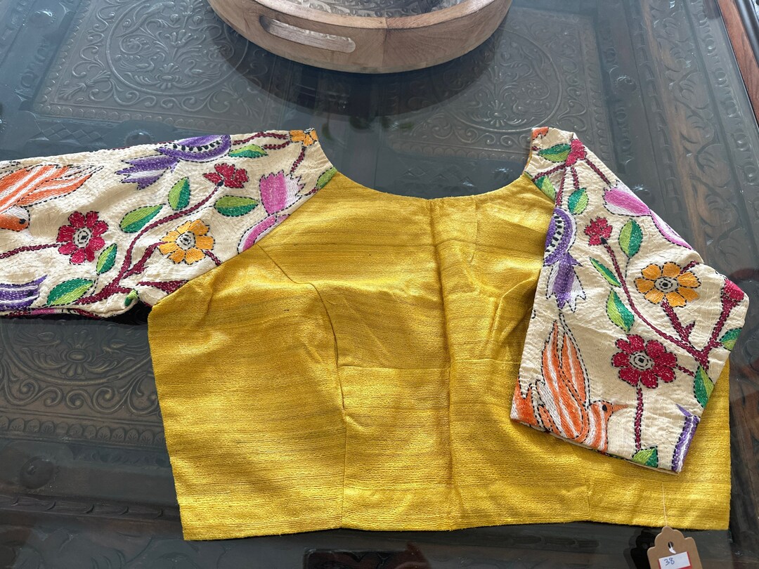Pure Geecha Silk With Kantha Embroidery on Tussar Blouse - Etsy