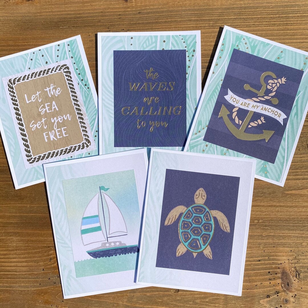 5 Assorted Nautical Cards With Envelopes - Ocean Stationary Set - Sea ...