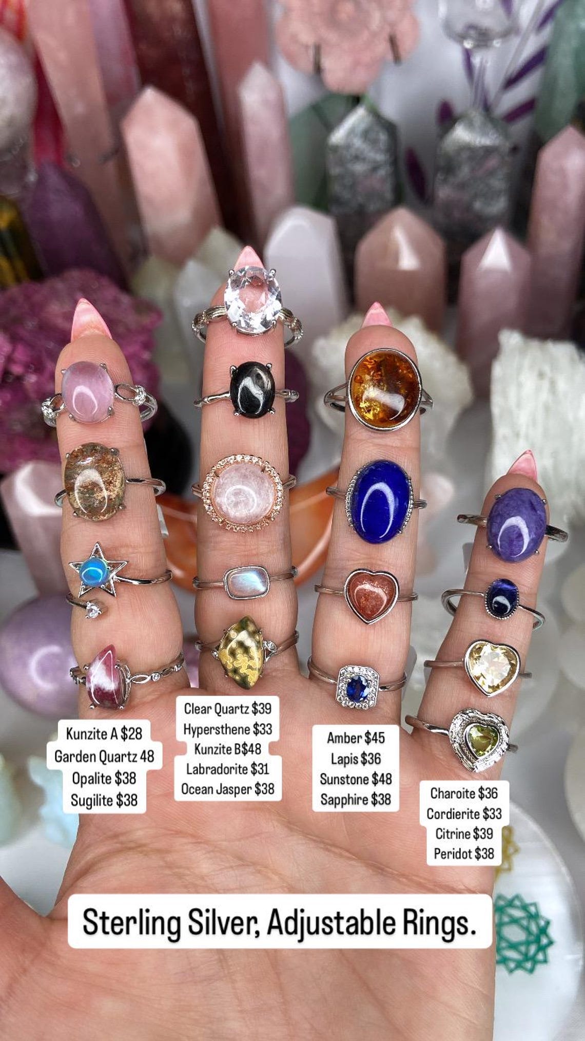 Sterling Silver Adjustable Crystal Rings/natural Stone Rings/gemstone ...