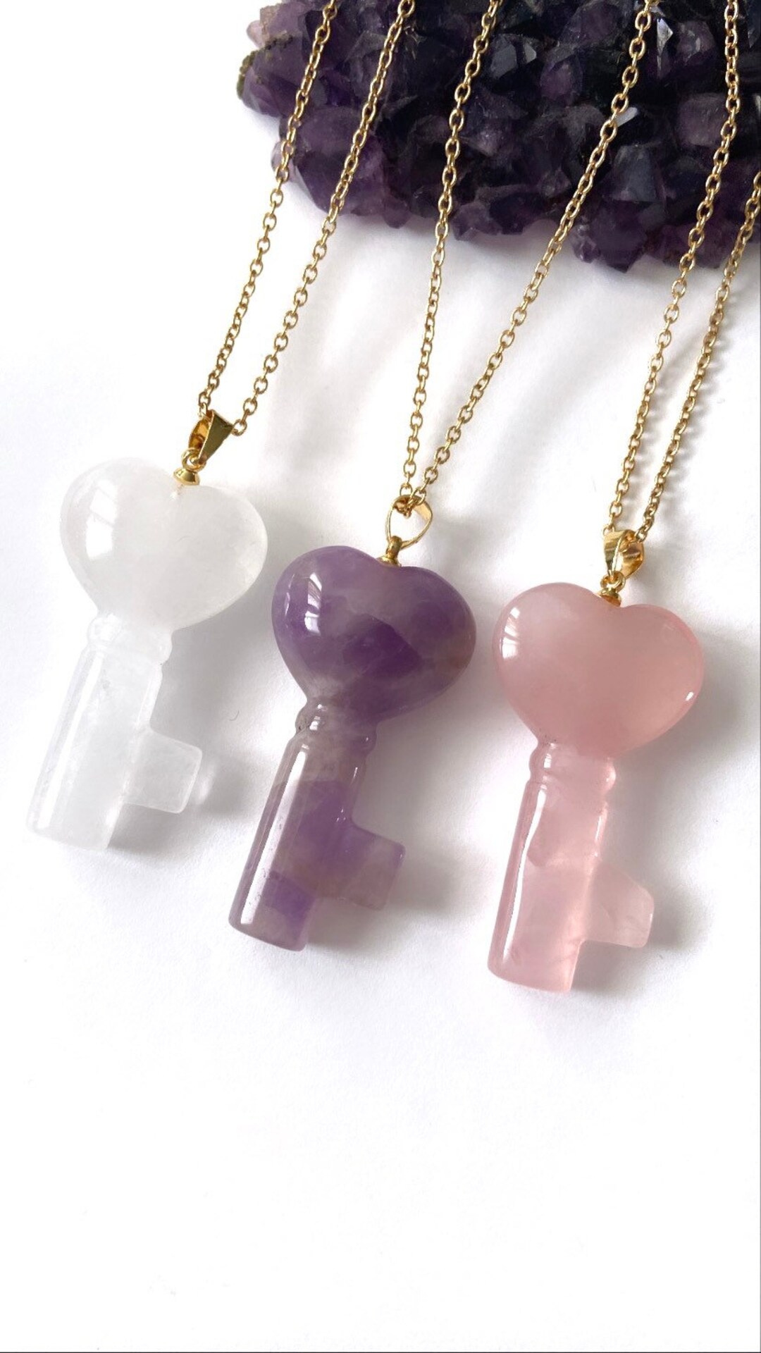 Crystal Key Necklaces/rose Quartz Key Necklace/clear Quartz Key ...