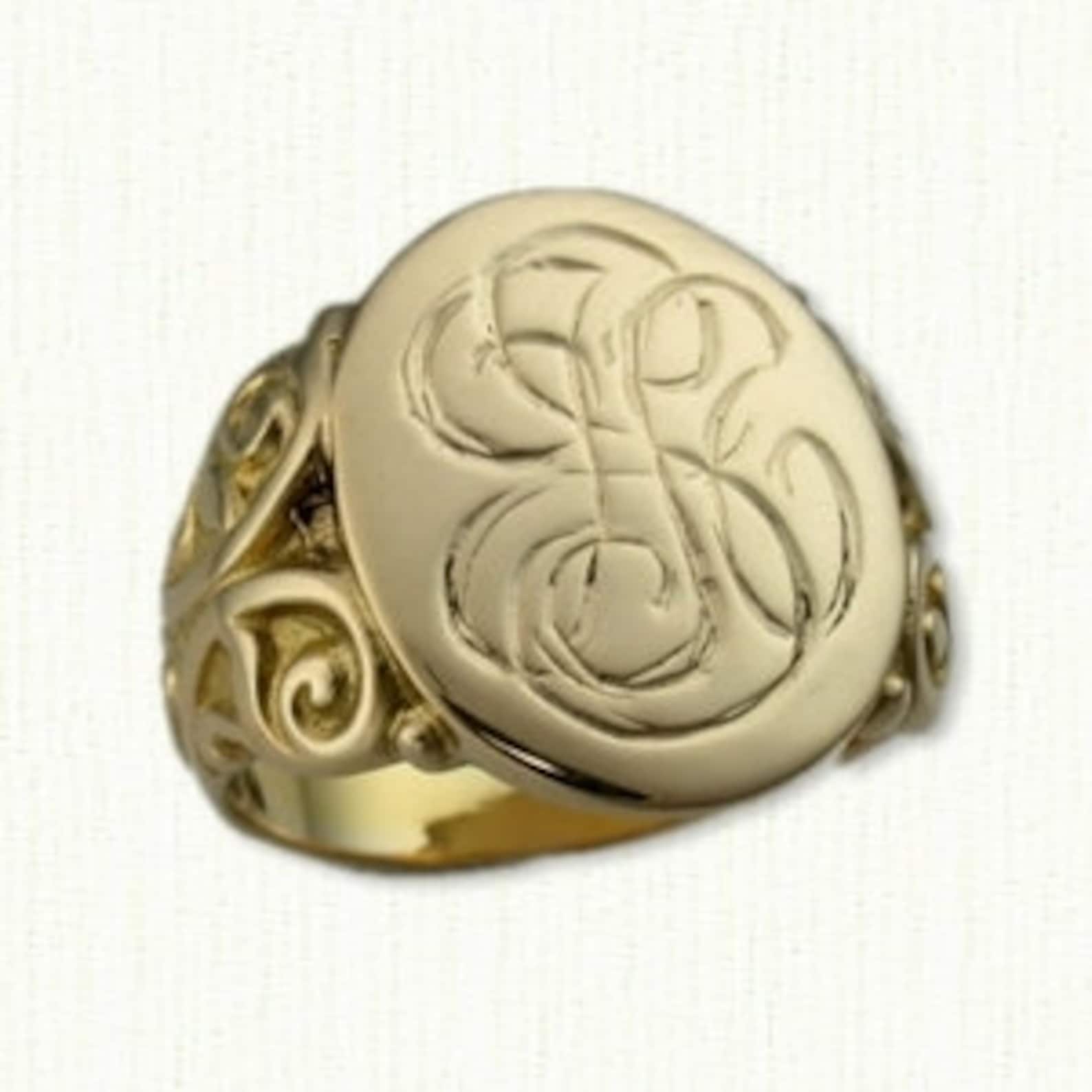 Custom Engravable Oval Top, Scroll Motif Signet Ring (#1524) - Hand or ...