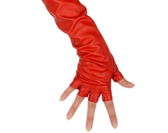 Extra Long Black Fingerless Leather Gloves | Etsy