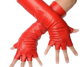 Long Lipstick Red Leather Opera Gloves Vintage Pattern Button - Etsy