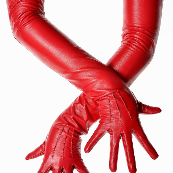 Long Red Leather Gloves - Etsy