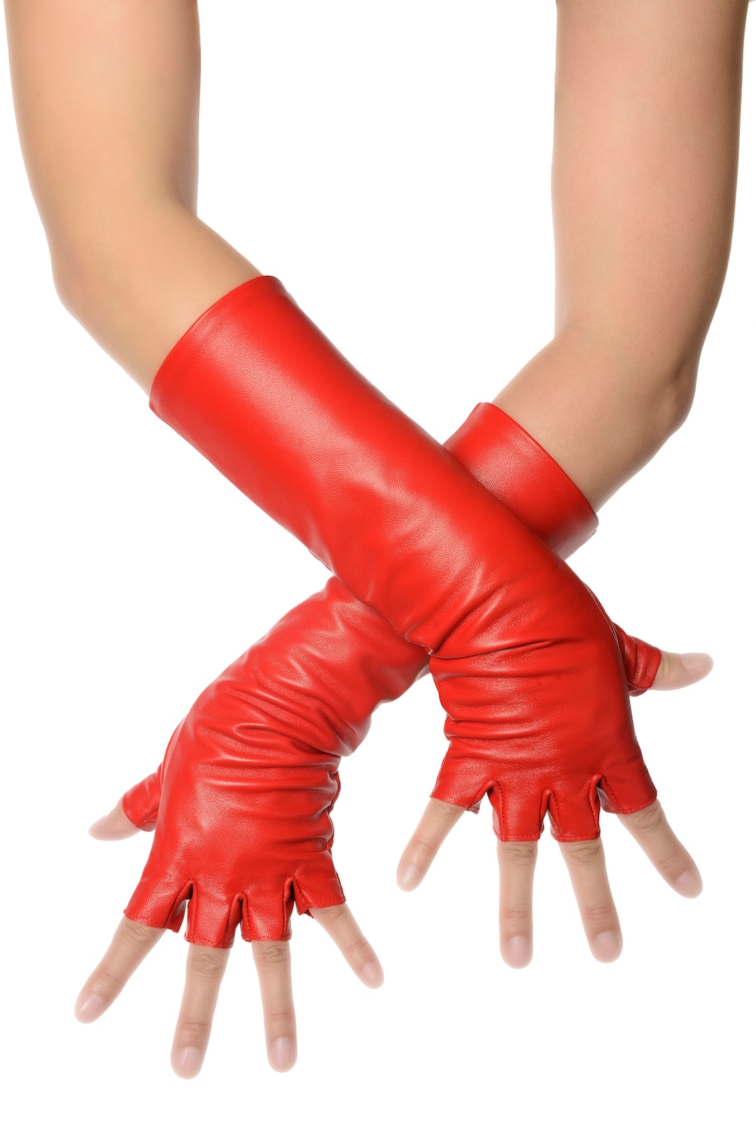 Red Fingerless Long Leather Gloves - Etsy