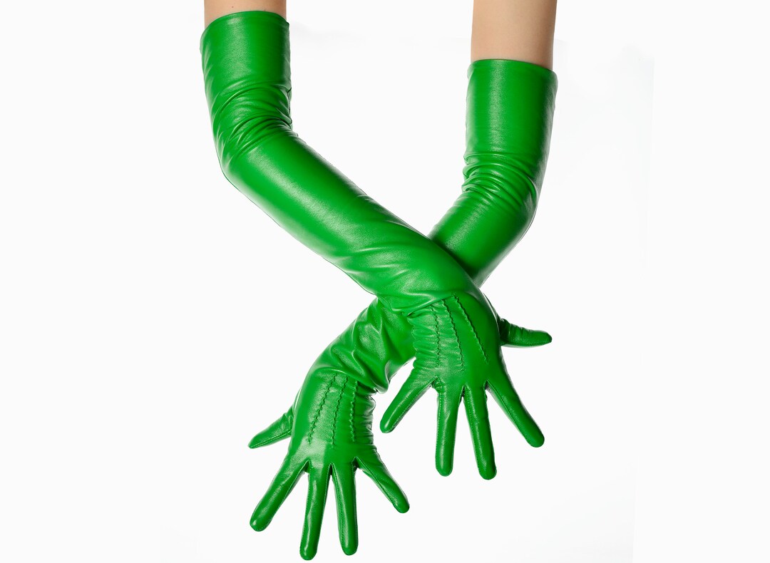 Long Green Leather Opera Gloves Vintage Pattern Button Wrist - Etsy