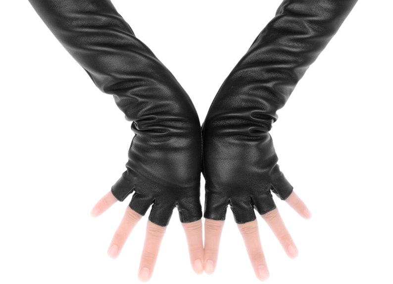 Extra Long Black Fingerless Leather Gloves - Etsy