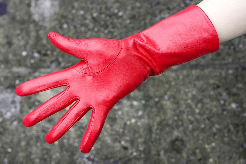 Red Mid Length Leather Gloves | Etsy